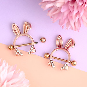 Melighting Bunny Nipple Rings 14G Nipple Piercing Jewelry Surgical Steel 316L Rosy Ear Clear CZ Dainty Nipple Piercing Barbell for Women