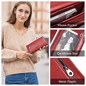 Contacts Women Real Leather Zipper Coin Clutch Purse Phone Wallet (Red)