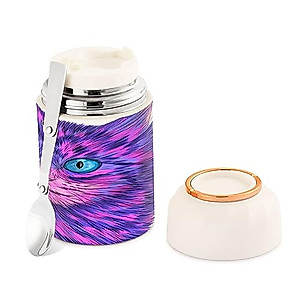 CUPADA Purple Cat Face Food Jar, Cute Animal Insulated Hot Food Jars Vacuum 17OZ with Folding Spoon for Work Trip Picnic Camping