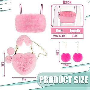 3 Pcs Faux Fur Tank Top Fluffy Heart Handbag Fur Pom Pom Drop Earring Set Furry Purse Pink Crop Tops Gold Chainlink Dangling Earring for Women Girl