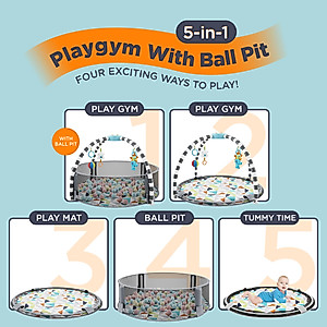 5 in 1 Baby Play Gym and Ball Pit - Baby Gym with 6 Toys, Balls, Tummy Pillow, Tummy Time Play Mat - Easy to Set Up Baby Activity Mat - Baby Gym Ball Pit - Infant Playmats for Boy & Girls