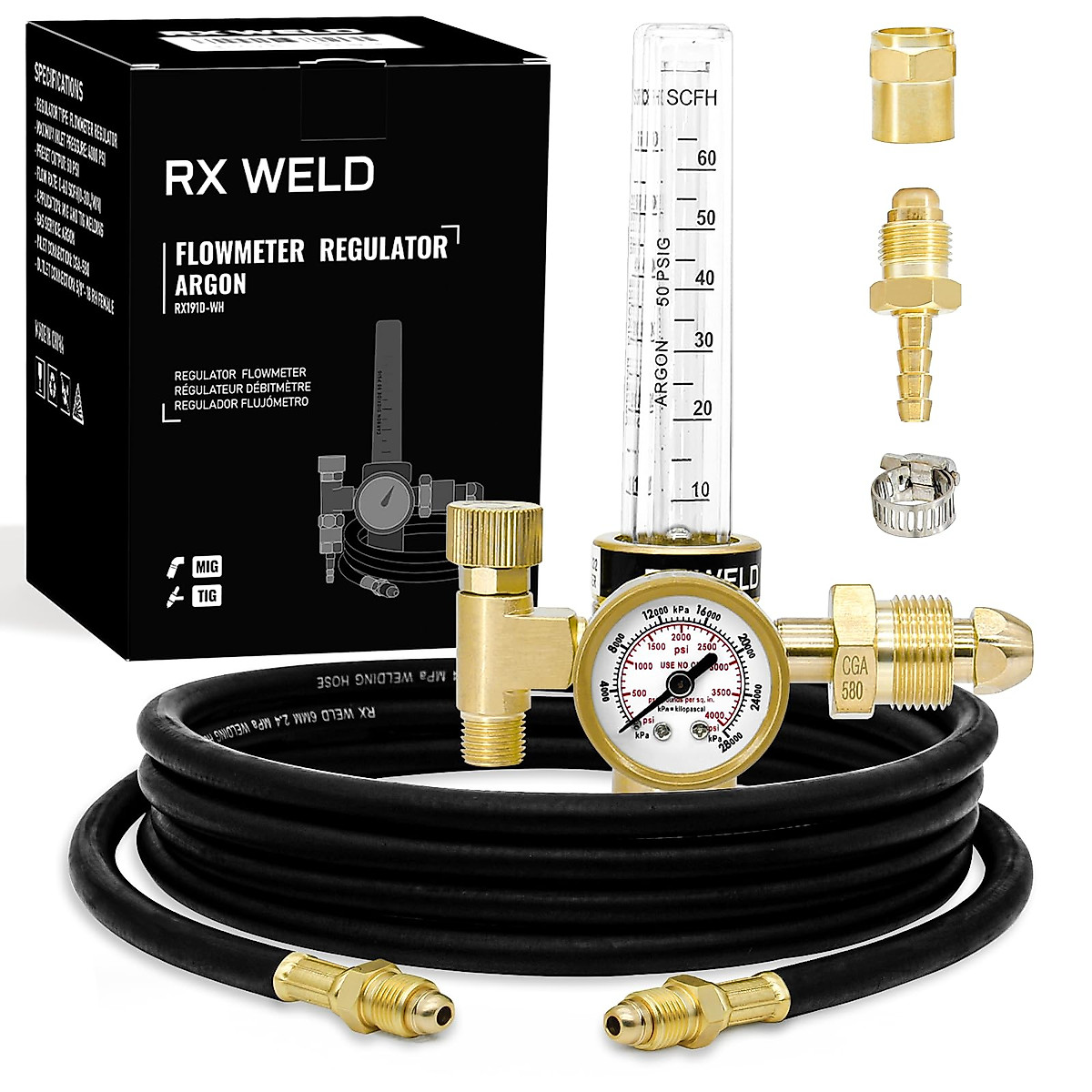 RX WELD Argon Regulator Flowmeter Gas Gauge for Mig Tig Weld with Gas Welding Hose