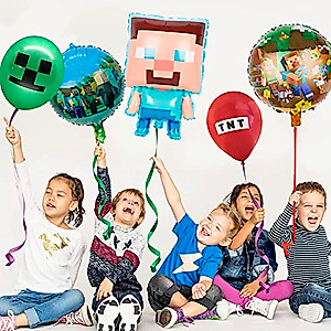 18 PCS Pixel Miner Crafting Style Foil & Latex Balloons - Mining Themed Party Supplies Disposable Tablecloth - Birthday Party Video Game Party Decorations