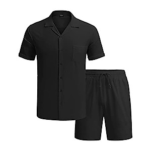 COOFANDY Men's 2 Pieces Shirt Set Short Sleeve Button Down Casual Hippie Holiday Beach T-Shirts Shorts Outfits (Black, Large)