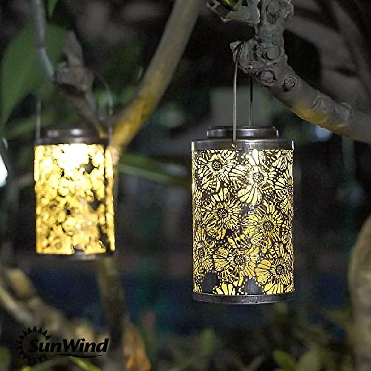 Solar Lanterns Outdoor Hanging - Garden Solar Lights Metal Outdoor Lantern 2 Pack Decorative Garden Table Lights Solar Powered SUNWIND 2 Pack for Porch, Patio, Home (Flower)