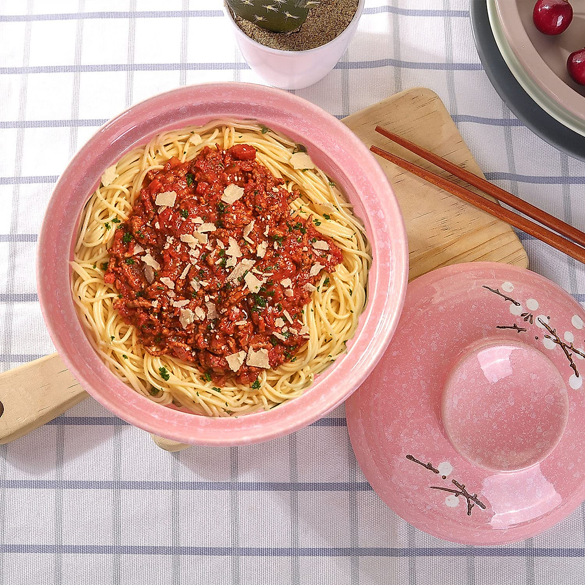 WHJY Japanese Creative Hand-painted Ceramic Tableware with Lid for Soup and Noodles, with Heat Preservation Function, Integrated Bowl and Lid - Pink