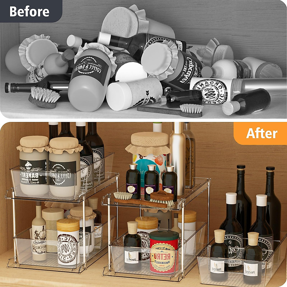 FabSpace Pull-out Home Organizers, 2 Tier Clear Bathroom Organizer with Dividers, Multipurpose Vanity Counter Tray, Kitchen, Closet Organizers and Storage Container Bins for Cabinet, Pantry