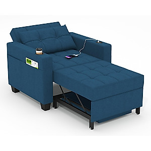 DURASPACE 39 Inch Sleeper Chair 3-in-1 Convertible Chair Bed Pull Out Sleeper Chair Beds Adjustable Single Armchair Sofa Bed with USB Ports, Side Pocket, Cup Holder (Navy Blue Linen)