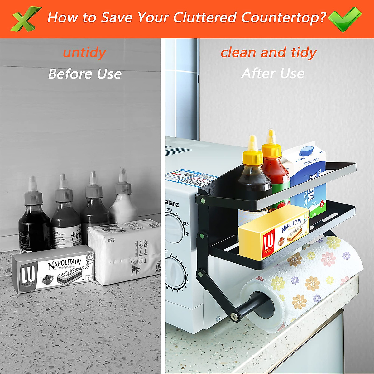 Foldable Magnetic Paper Towel Holder Refrigerator Storage Spice Rack with 3 Mobile Hooks and Paper Towel Holder(Single Layer /Black) Strong Magnetic Shelf for Refrigerator