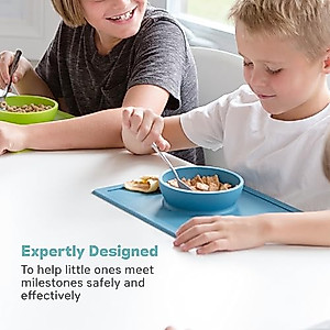 ezpz Happy Bowl - 24 Months + (Blue) - 100% Silicone Suction Bowl with Built-in Placemat – Dishwasher Safe