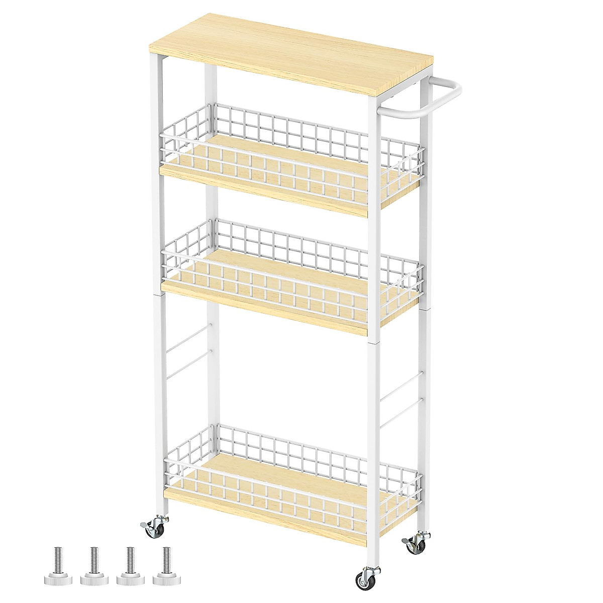 Slim Storage Cart 4-Tier Rolling Kitchen Utility Cart White Narrow Slide Out Laundry Storage Cart on Wheels and Wood Table Top Mobile Shelving Unit Organizer Trolley for Bathroom Small Space 7.3 W