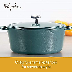 Ayesha Curry Cast Iron Enamel Casserole Dish/ Casserole Pan / Dutch Oven with Lid - 6 Quart, Twilight Teal
