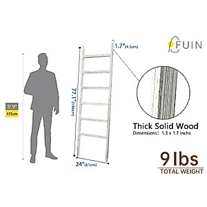 FUIN 6.4ft Extra Wide Wooden Blanket Ladder Living Room Decorative Wal Leaning Farmhouse Quilt Display Holder Rustic Wood Towel Rack for Bathroom, White, 24 inch Wide
