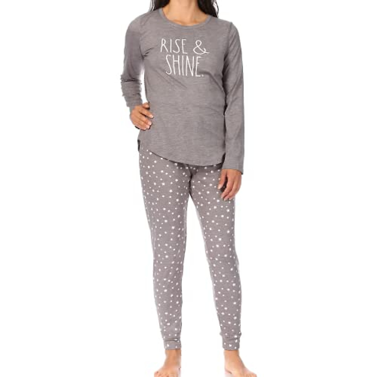 Rae Dunn Women's RISE & SHINE Long Sleeve Top and Drawstring Joggers Pajama Set, Gray Stars, Medium