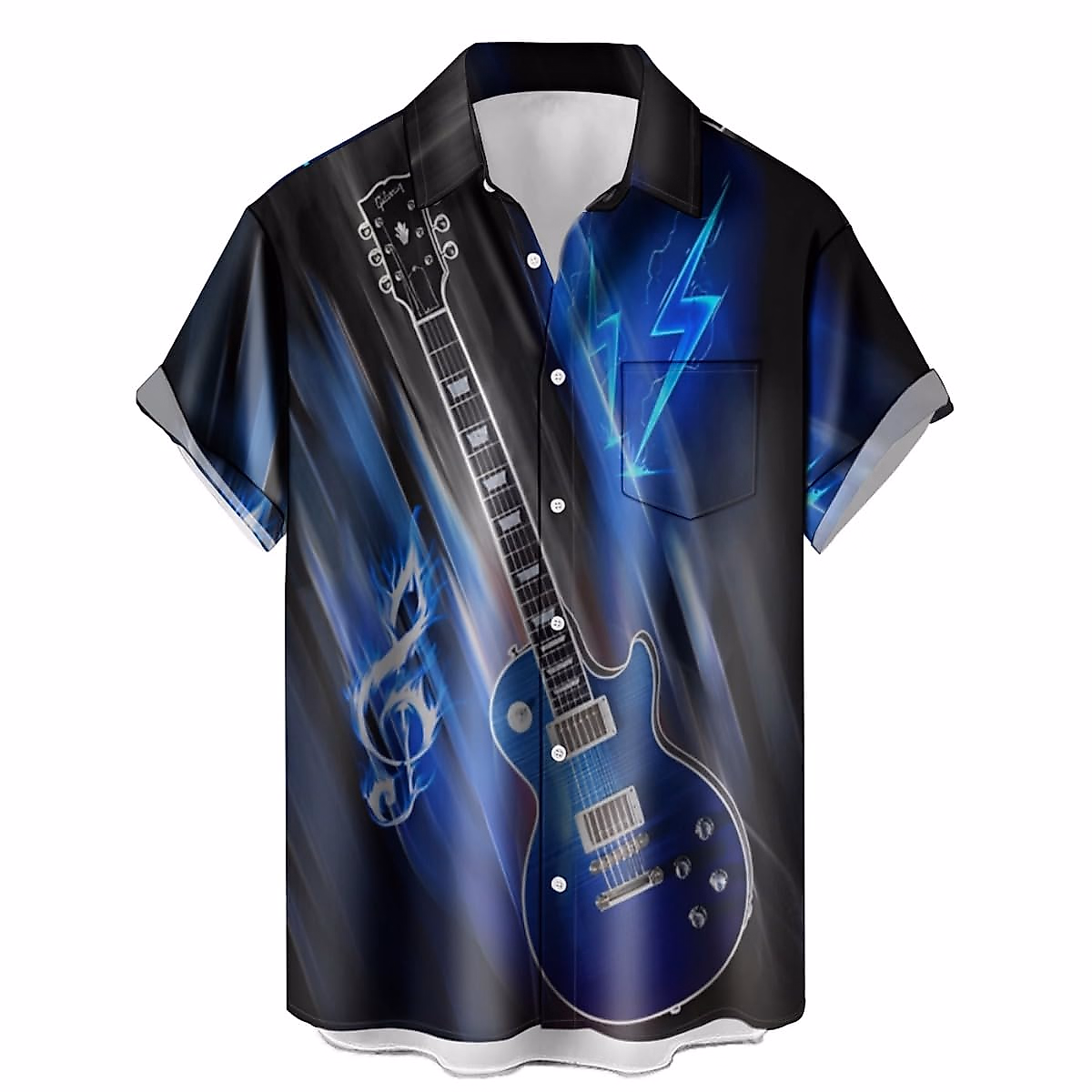 Ecosunny Men's Blue Lightning Electric Guitar Shirts Short Sleeve Hawaiian Gradient Casual Button Down Music Shirt