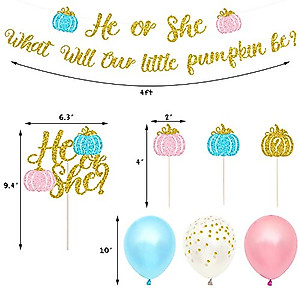 Pumpkin Gender Reveal Party Decoration Fall Baby Shower Banner He Or She Cake Cupcake Topper Pink Blue Balloons Boy Or Girls Sex Announcement Ideas Favor Supplies