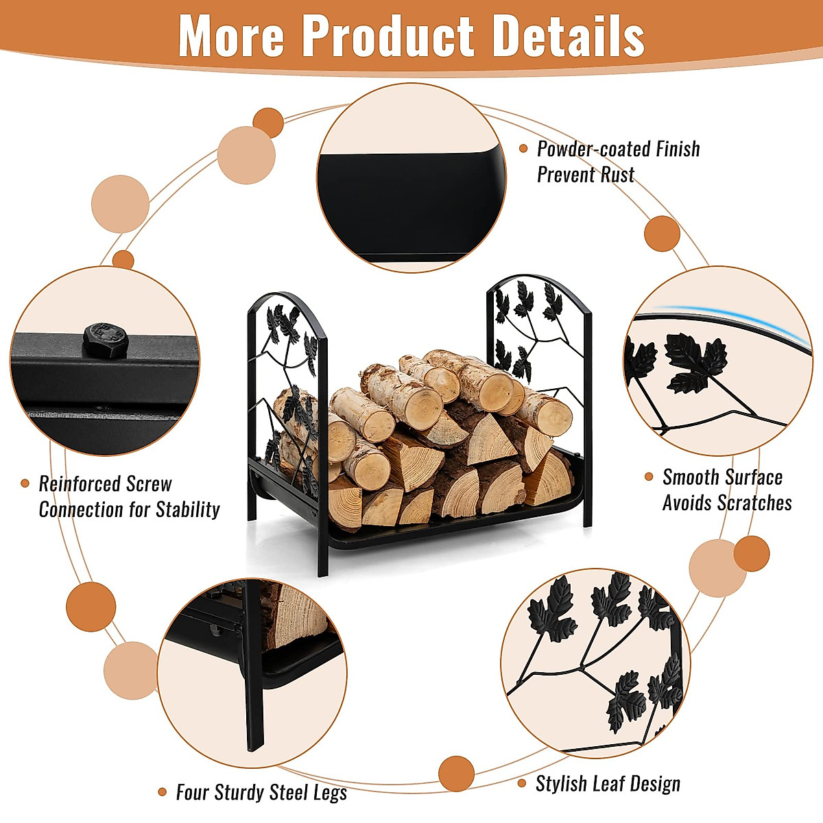 Firewood Rack Outdoor Indoor, Fireplace Wood Storage Holder with Exquisite Leaf Patterns, Heavy Duty Logs Rack Stand, Fire Wood Rack Bracket for Stove Fire Pit, 110 lbs Load Capacity, Easy Assembly