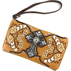 Justin West Western Concealed Carry Bohemian Cross Paisley Weaved Leather Embroidery Flower Leaf Tote | Handbag | Messenger | Trifold Wallet (Tan Tote & Wallet Set)