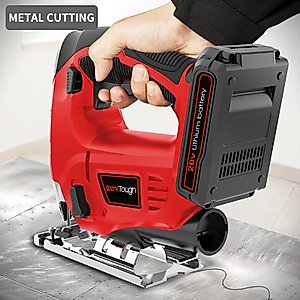 Powertough Cordless Jig Saw,20V Electric Jigsaw Tool Kit with Variable Speed,Pendulum Function, 0-45°Adjustable Cutting Bevel,2.0A Li-ion Battery With 1 Hour Fast Charger,9pcs Free Blade