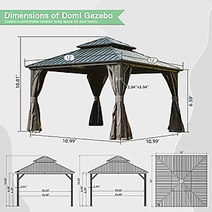 Domi Hardtop Gazebos 12x12FT, Aluminum Metal Gazebo with Galvanized Steel Double Roof Canopy, Curtain and Netting, Permanent Gazebo Pavilion for Patio, Backyard, Deck and Lawn, Grey