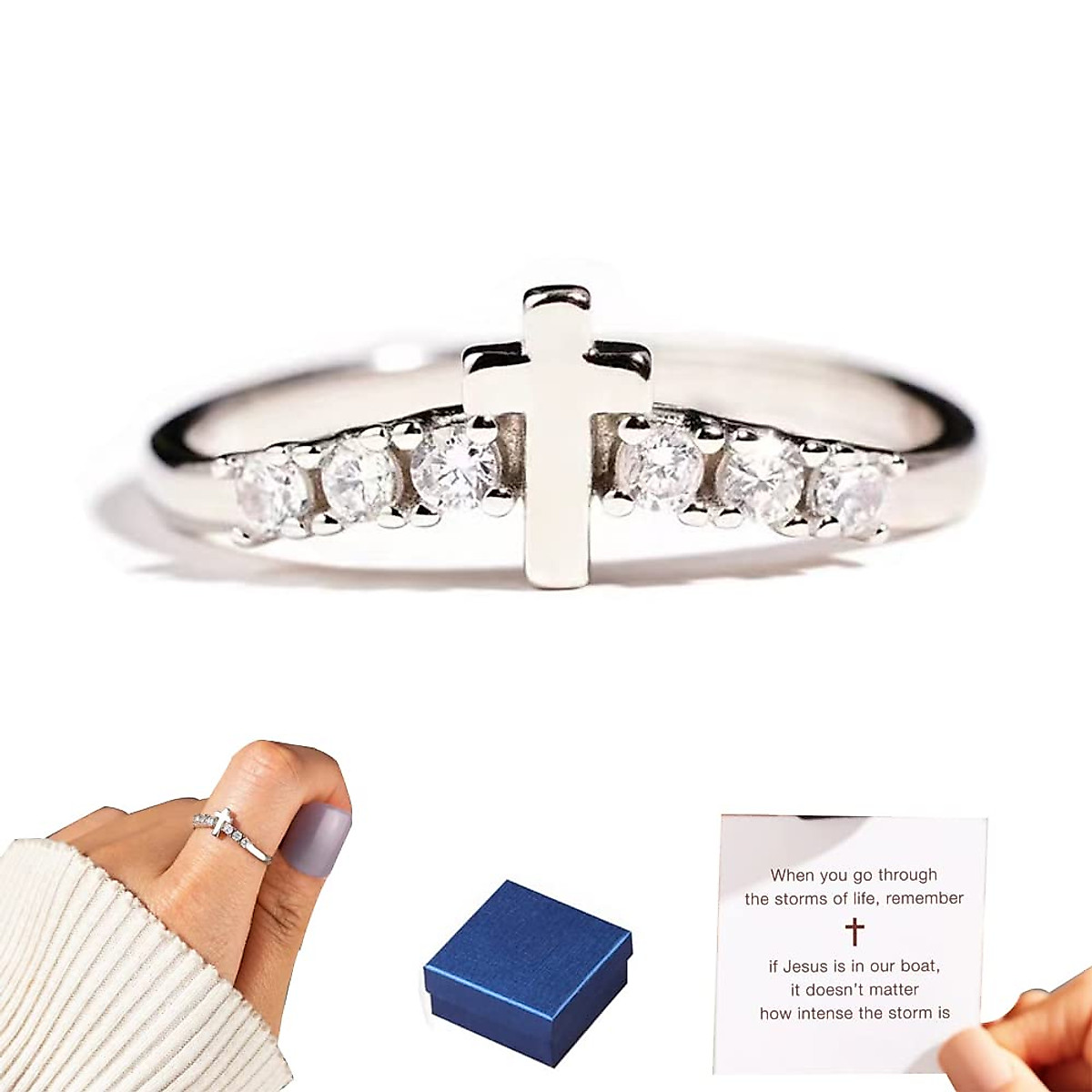 dsmrosp to My Daughter & Granddaughter Storms of Life Cross Arch Ring, S925 Sterling Silver Cubic Zirconia Rings, Eternity Cross Ring for Women Gift (1PCS,7)