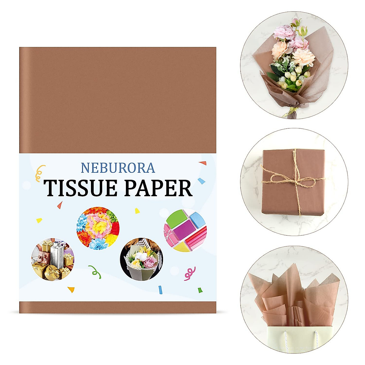 NEBURORA 60 Sheets White Tissue Paper Bundles 120 Sheets Brown Tissue Paper for Gift Wrap Filler Flower Art Crafts DIY Birthday Christmas Wedding Decor