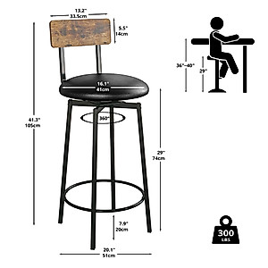 IRONCK Bar Stools Set of 2, Wider Base PU Upholstered Swivel Barstools for Kitchen Island, Thick Cushion Stools with Footrest for Dining Room Kitchen Counter Bar, Rustic Brown and Black