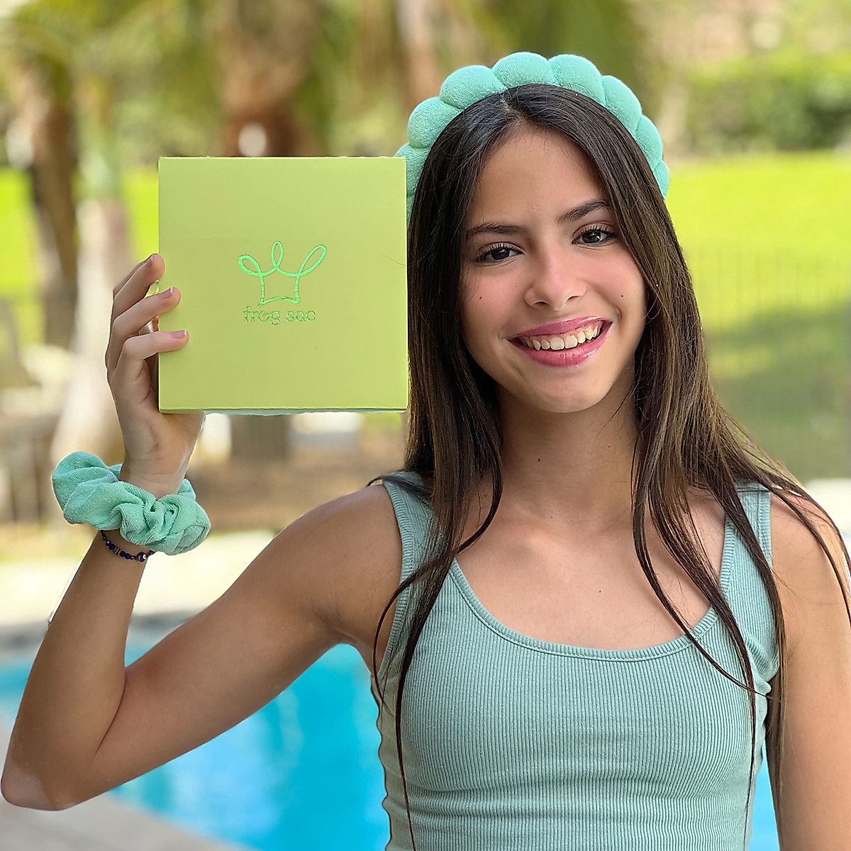 FROG SAC Puffy Spa Headband and Wristbands for Face Washing, Skincare Headbands for Women, Terry Cloth Makeup Skin Care Headbands for Girls, Bubble Make Up Hair Accessories (Mint)