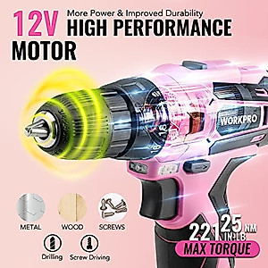 WORKPRO Pink Tool Set with Power Drill, 108PCS Portable Ladies Pink Drill Kit for Home with Toolbox including Pink Hammer, 1.5 Ah Cordless Hand Drills with Keyless Chuck and Variable Speed Trigger