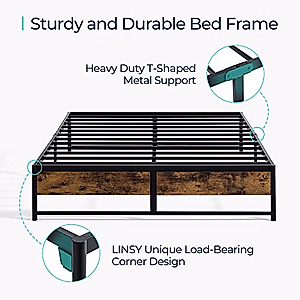 LINSY LIVING Queen Bed Frame 14 Inch 3 Minutes Fast Assembly, Metal Heavy Duty Platform Bed Frame Queen Size with Storage, Noise Free Mattress Foundation No Box Spring Needed, Black