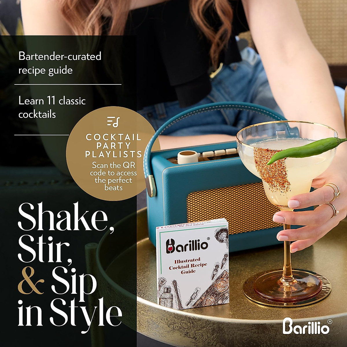 Barillio Bartender Kit - Stainless-Steel Cocktail Shaker Set with Bamboo Stand - Mixology Bar Tools w/Shaker, Drink Mixer Spoon & Muddler for Cocktails - Home Bar Accessories - 10-Pc Bar Set - Silver