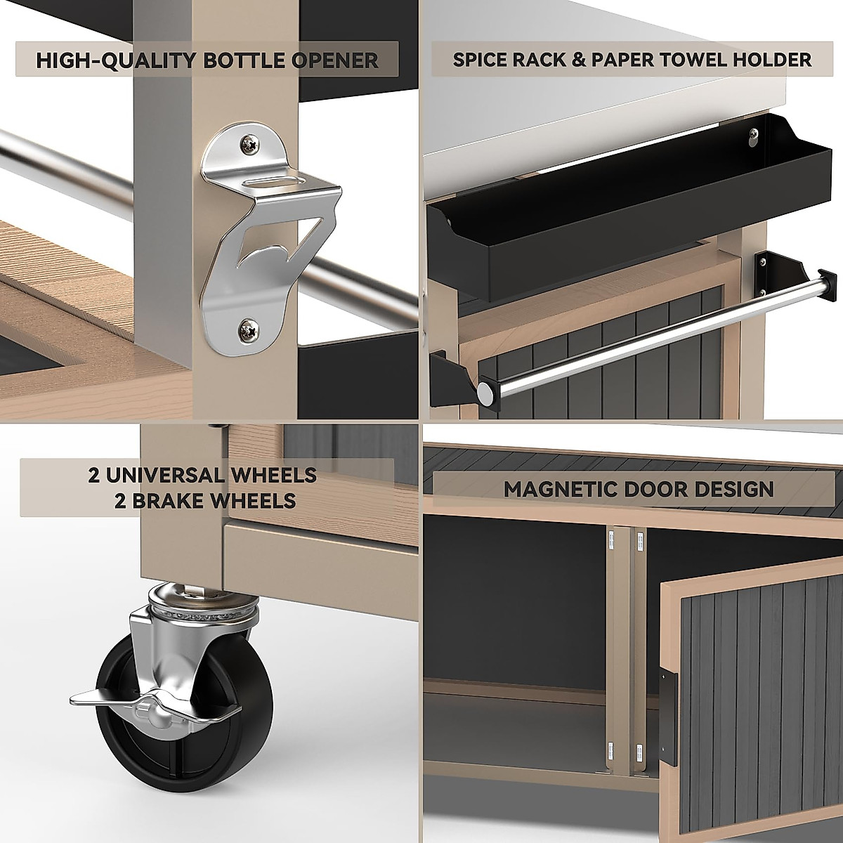 Skyflame Outdoor BBQ Storage Cabinet with Wheels, XL Stainless Steel Tabletop Grill Cart for Food Prep, Portable Kitchen Island Grilling Accessory for Patio, Backyard, Home Party, Bar