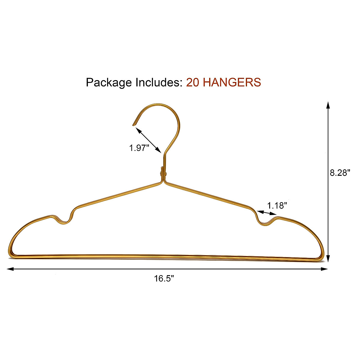 Matte Gold Aluminum Clothes Hangers, 16.5” Extra Smooth & Sturdy Metal Coat Shirt Dress Hanger, Light & Sturdy Metal Rack for Jacket Trouser Pant Slack 20 Pack HL07G