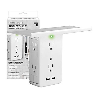 Socket Shelf- 8 Port Surge Protector Wall Outlet, 6 Electrical Outlet Extenders, 2 USB Charging Ports & Removable Built-in Shelf ETL Listed