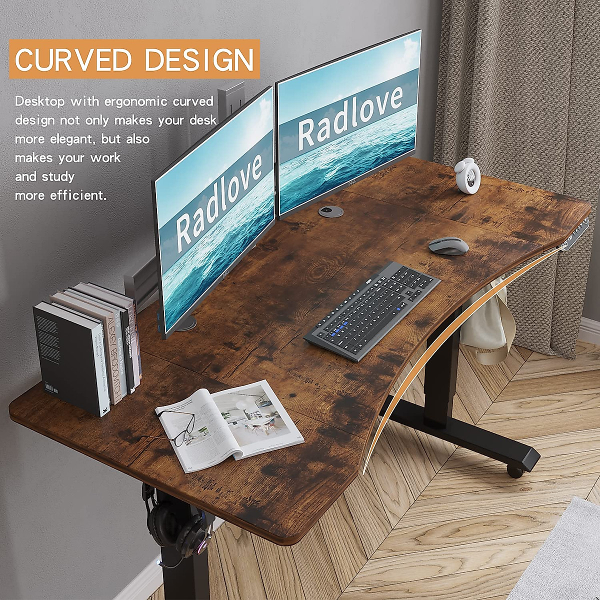 Radlove Electric Height Adjustable Standing Desk, 55'' x 30'' Stand Up Desk Workstation, Splice Board Home Office Computer Standing Table Height Adjustable Computer Desk Rustic Brown Top+Black Frame