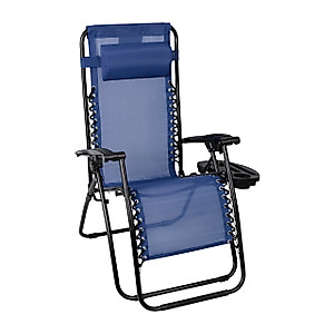Merrick Lane Set of 2 Zero Gravity Lounge Chairs - Navy Mesh Upholstery - Removable Pillow - Removable Cup Holder Tray - Push Back Recline - Folding Design