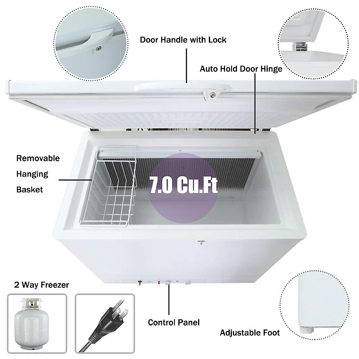 【Upgrade】 Propane Freezer | Chest Freezer 7.2 Cu.ft, 110v Gas LPG, 2-way Power Outdoor Propane Chest Freezer for Off Grid,for Boondcking Cabin Boat RV Camper