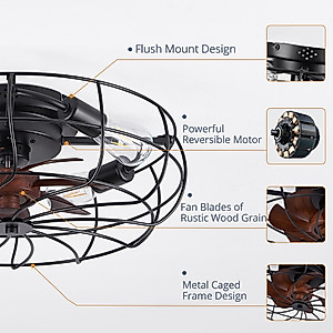 LEDIARY 20" Caged Ceiling Fans with Lights and Remote, Flush Mount Bladeless Ceiling Fan Low Profile, Small Farmhouse Industrial Enclosed Ceiling Fan with Light for Bedroom, Kitchen, Indoor