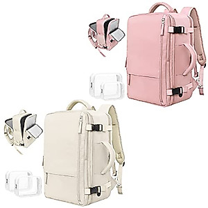 Rinlist Travel Backpack (2 Pieces Pink+Beige), Carry-on Backpack Flight-Approved for Men Women