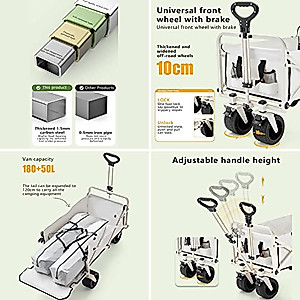 Back Open Folding Garden Utility Wagon With Table, Collapsible Outdoor Small Grocery Carts, 551Lbs Weight Capacity For Shopping & Storage, With 360 Degree Swivel Wheel,White