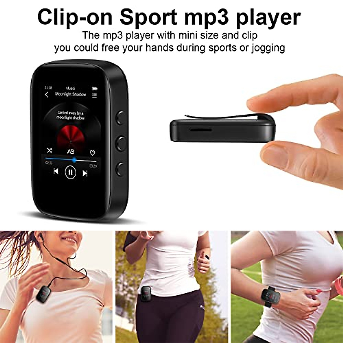 32GB Mp3 Player with Bluetooth Sports Clip-on Music Player for Running Walking Support Full-Touch Screen FM Radio Line-in Voice Record TF Card Up to 128GB-Black