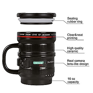 Cabtnca Camera Lens Coffee Mug, Photographer Gifts, Camera Lens Mug 16Oz, Ceramic Camera Mug, Cool Gifts for Photographers Men, Photography Gifts Christmas, Camera Lens Cup with Lid and Handle, Black