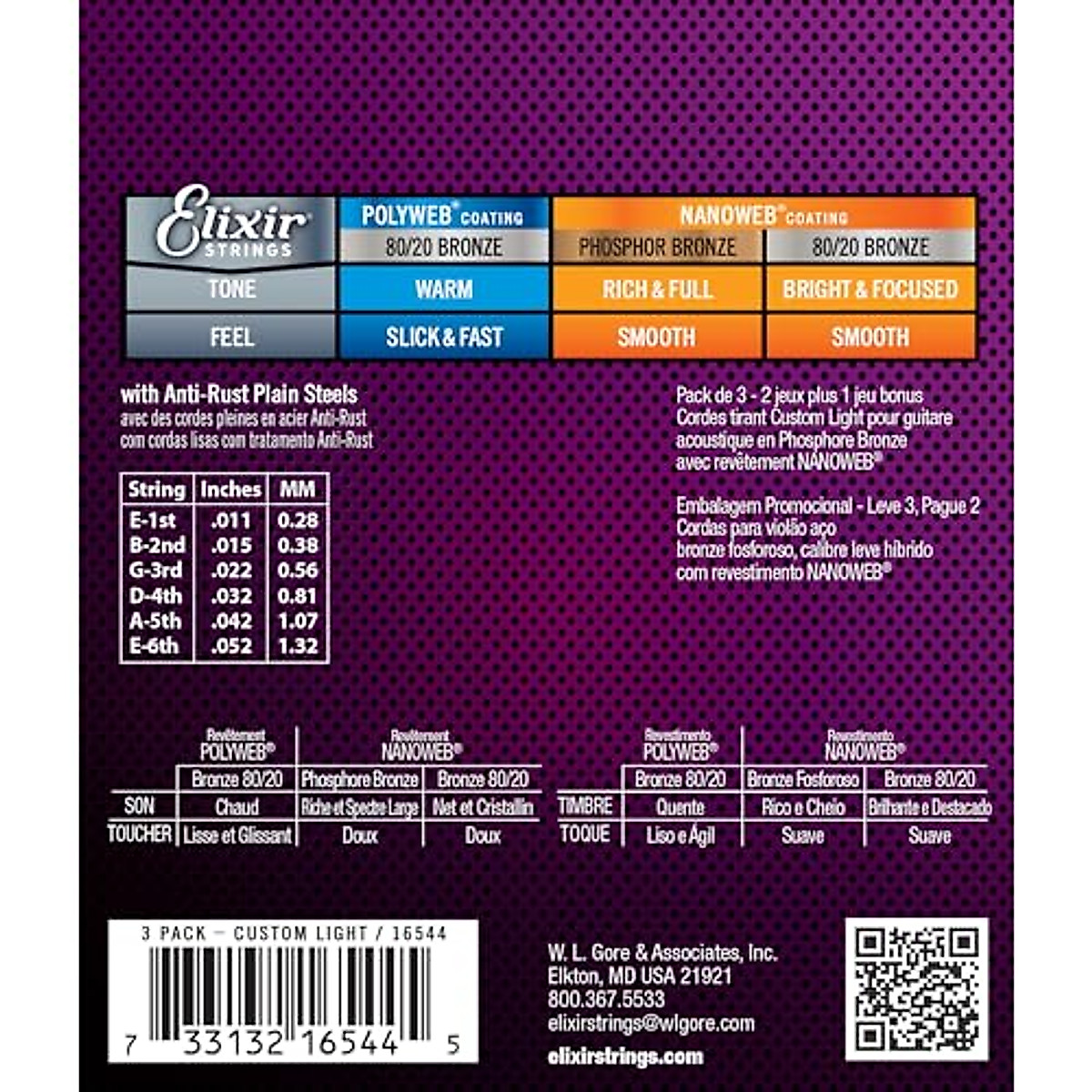 Elixir Strings, Acoustic Guitar Strings, Phosphor Bronze with NANOWEB Coating, Longest-Lasting Rich and Full Tone with Comfortable Feel, 6 String Set, 3 Pack, Custom Light 11-52