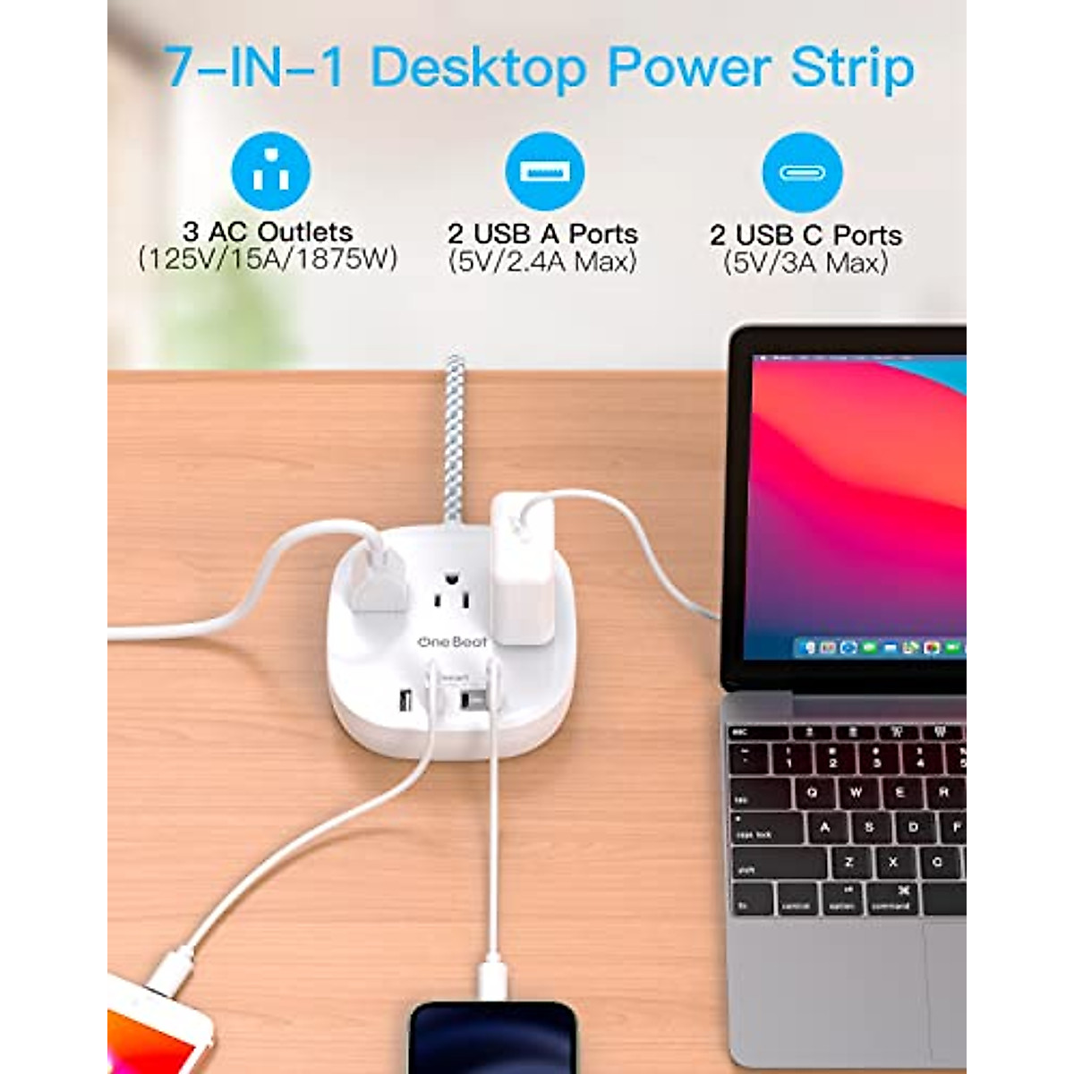 Flat Plug Power Strip, 5ft Ultra Flat Extension Cord - 3 Outlets 4 USB Ports (2 USB C) Desktop Charging Station, Power Strip with No Surge Protection for Cruise Ship, Travel, Dorm Room Essentials