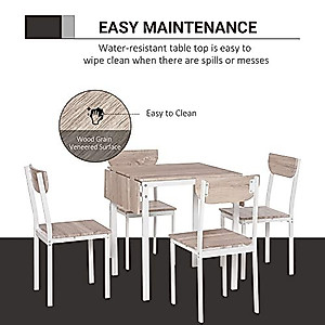 HOMCOM Modern 5-Piece Dining Table Set for 4 with Foldable Drop Leaf, 4 Chairs, and Metal Frame for Small Spaces, White