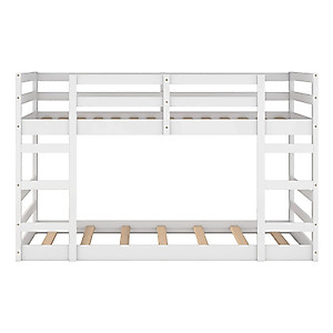 Prohon Twin Over Twin Bunk Bed for Kids Teens, Low Bunk Bed with Ladder and Guard Rail, Space Saving Bunkbed Solid Wood Slats Support No Box Spring Needed, Gray