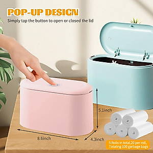 Mini Trash Can with Lid, Desktop Small Trash Can, Removable Small Garbage Can, Pop Up Countertop Wastebasket for Bathroom,Office,Kitchen,Desk,Car, Free 5 roll Bags