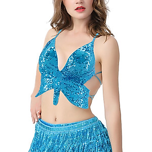 Hoohu Womens Indian Belly Dance Costumes Performance Outfits Butterfly Bandage Padded Bra Sequin Pearl Embroidery Tank Top