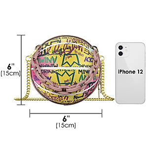 Linkidea Basketball Shaped Purses for Women, Graffiti Letter Girls Mini Round Bag, Vegan Leather Shoulder Crossbody Messenger Handbag (Pink)