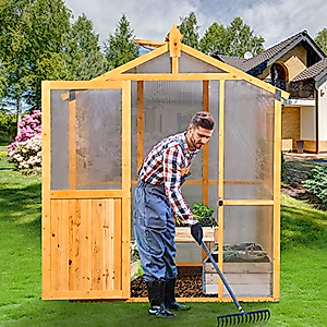 Aoodor 81” (L) x 93”(W) x 98”(H) Outdoor Walk-in Greenhouse, Plant Gardening Polycarbonate Green House with Roof Vent and Fir Frame for Backyard Garden